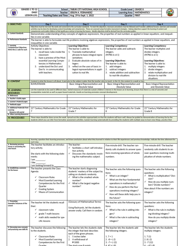 Math8 DLL W1 IntroAndReview | PDF | Learning | Equations