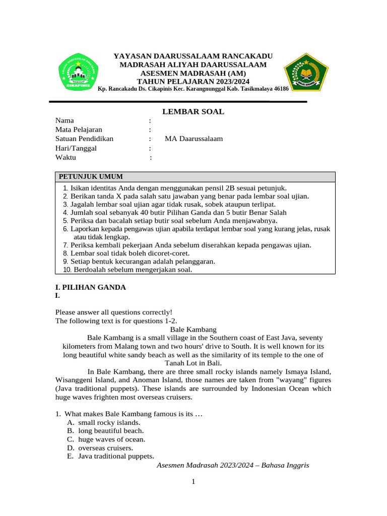 SOAL AM BAHASA INGGRIS 2023-2024_072027 | PDF