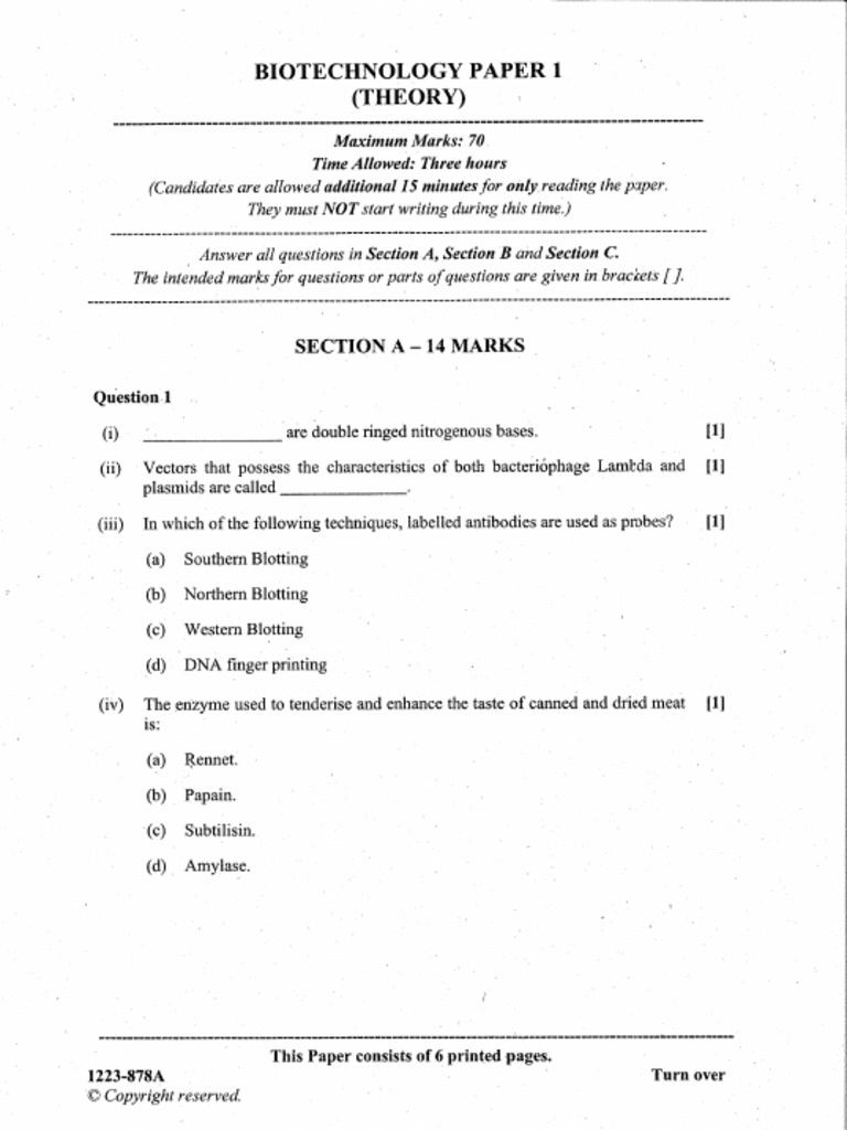 878 Biotechnology Paper 1 PDF | PDF