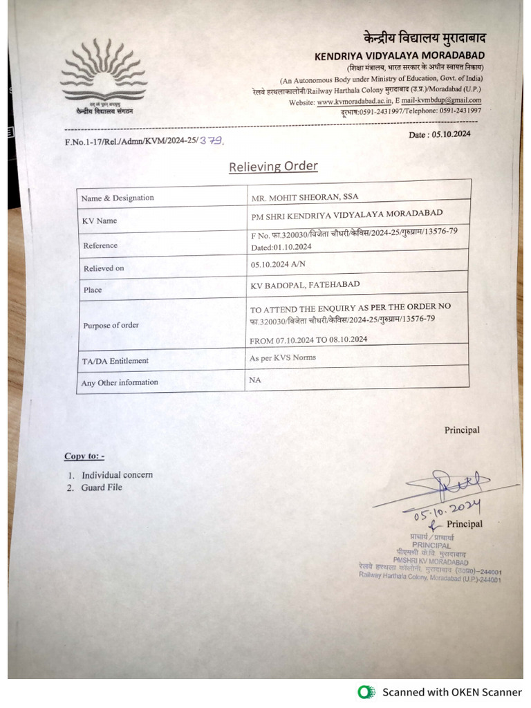 KV Moradabad Reliving Order 5.10.24 | PDF