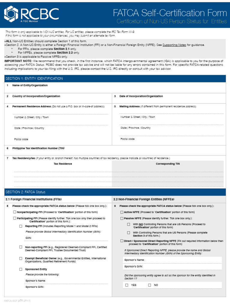 FATCA SELF Certification Corporate | PDF