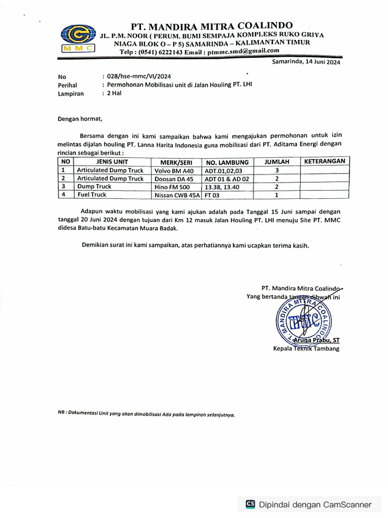 Form Mobilisasi - PT. MMC | PDF