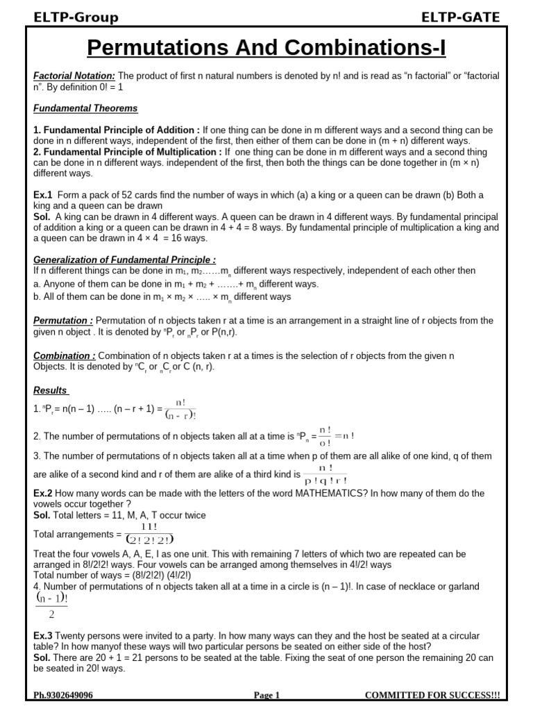 Permutations and Combinations-I | PDF