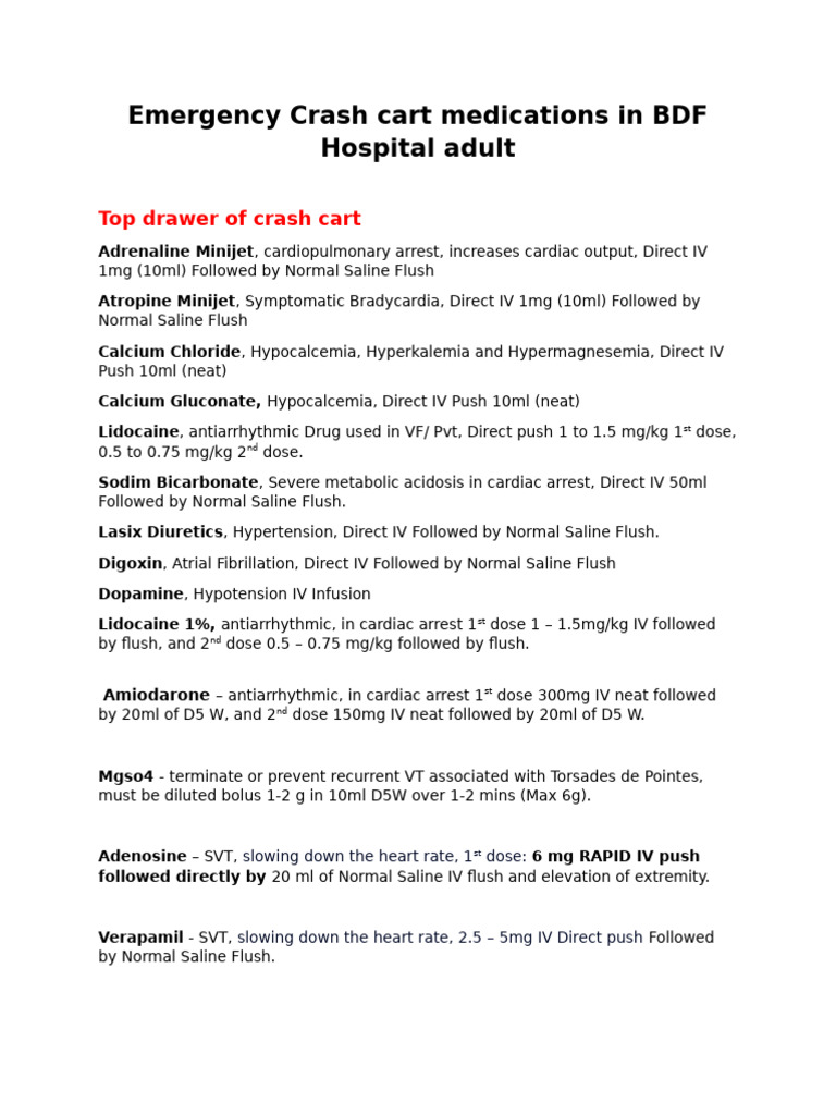 Crash Cart Medications for Emergencies | PDF
