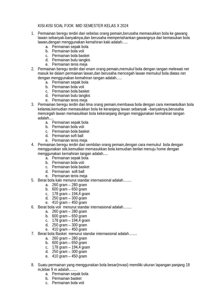 Kisi-Kisi Soal Pjok Kelas X (2024) | PDF