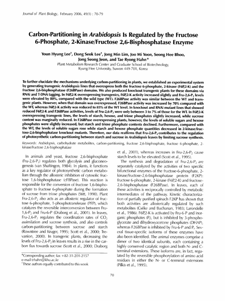 Carbon-Partitioning in Arabidopsis Is Regulated by The Fructose 6-Phosphate, 2-Kinase/Fructose 2 ...