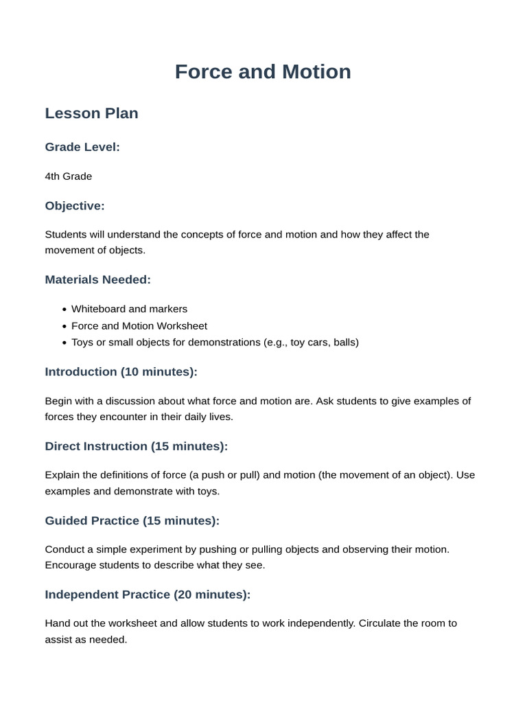 4th Grade Force and Motion Lesson Plan | PDF | Career & Growth