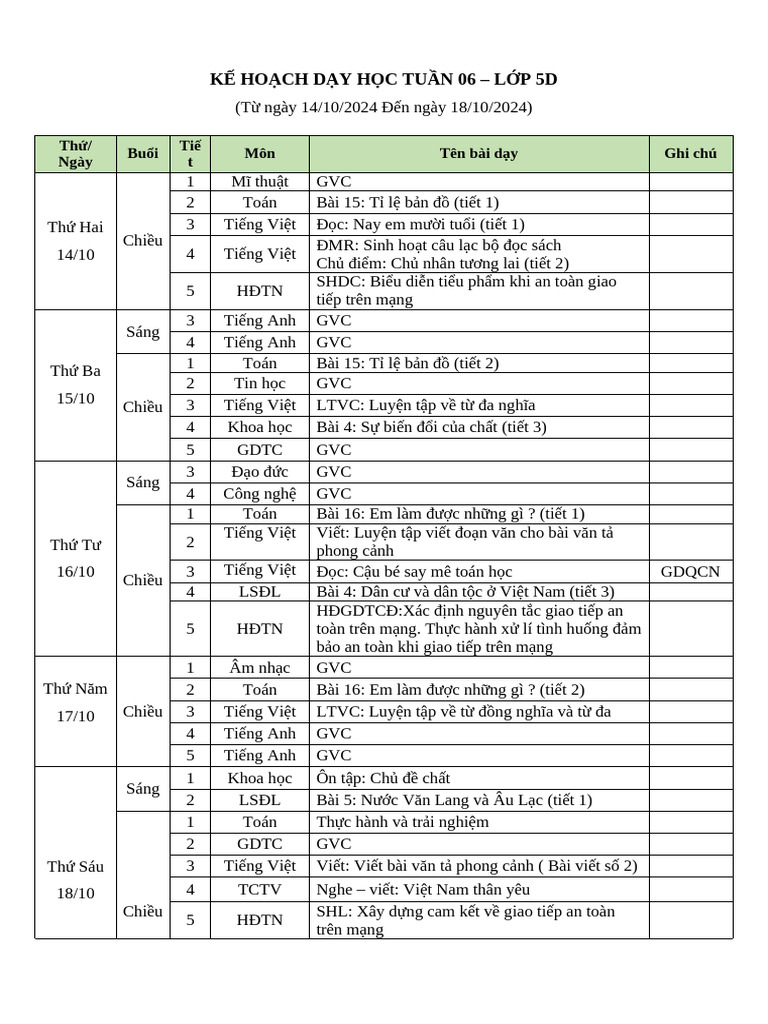 Ke Hoach Tuan 6. L P 5D. | PDF