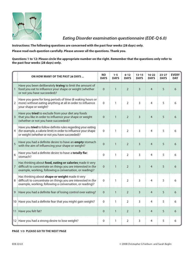 Eating Disorder Examination Questionnaire (EDE-Q 6.0) | PDF