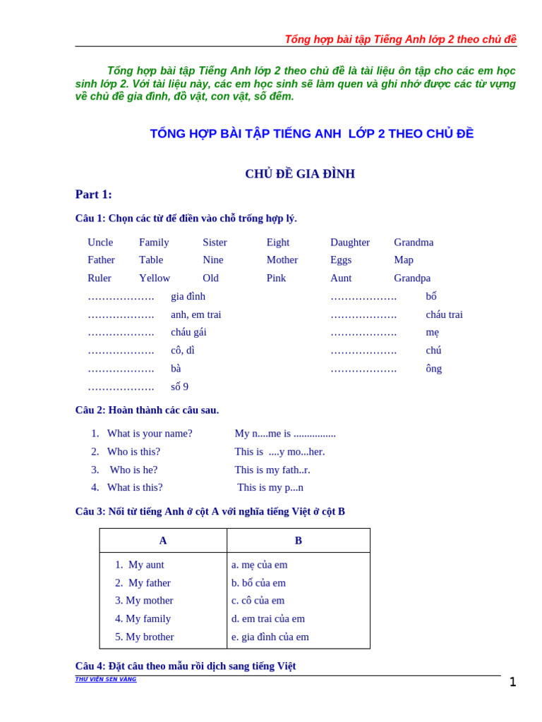 Tong Hop Bai Tap Tieng Anh Lop 2 Theo Chu de | PDF
