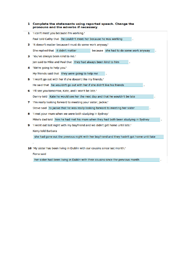 17-4-23 P. 62 Nº 1 (Reported Speech - Answers) | PDF