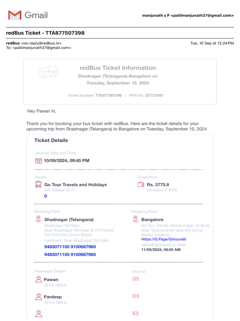 RedBus Ticket - TTA877507398 | PDF