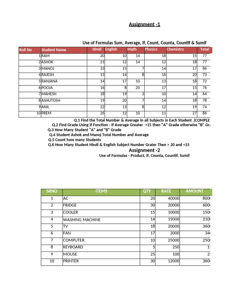 50 Ms Excel Assignments PDF For Practice | PDF