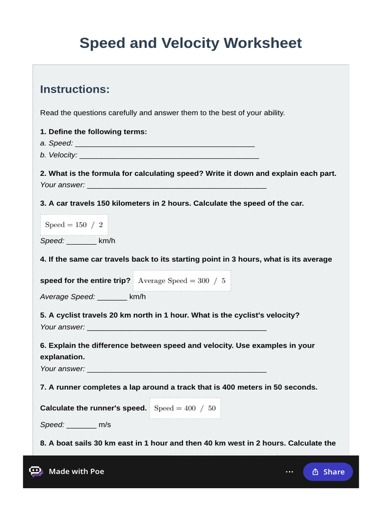 Middle School - Speed and Velocity Worksheet | PDF