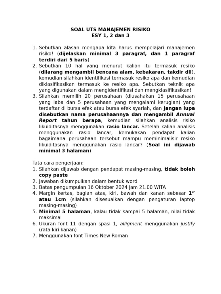 Soal Uts Manajemen Risiko | PDF