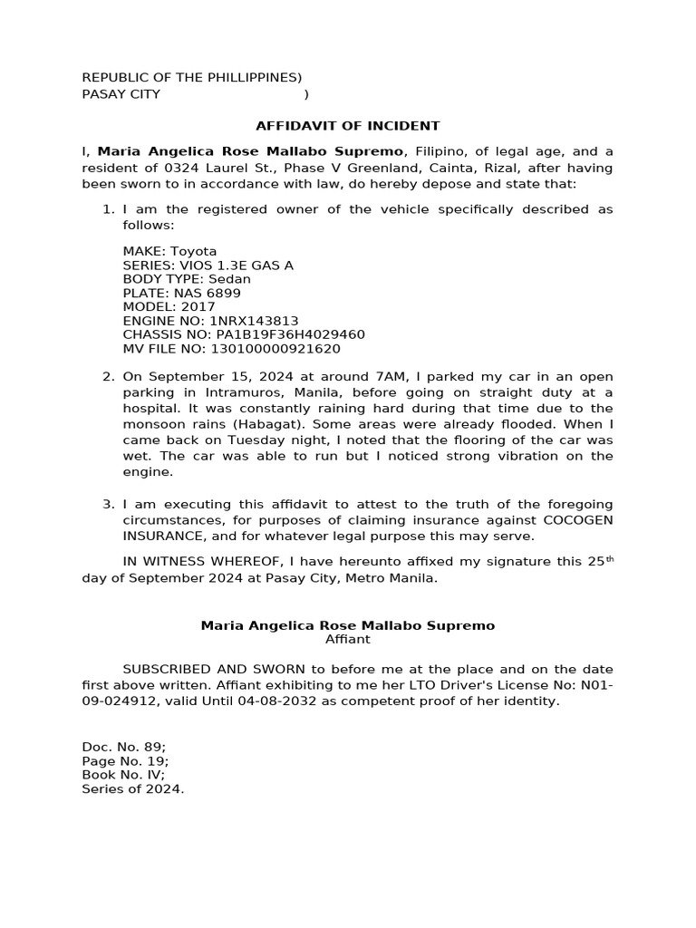 Affidavit of Incident | PDF