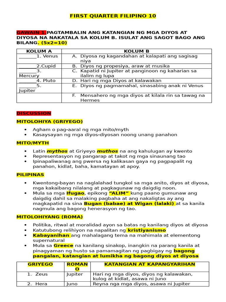 FIRST QUARTER FILIPINO 10 | PDF