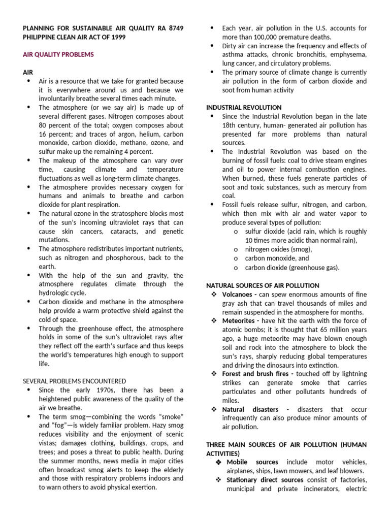 Planning For Sustainable Air Quality Ra 8749 Philippine Clean Air Act ...