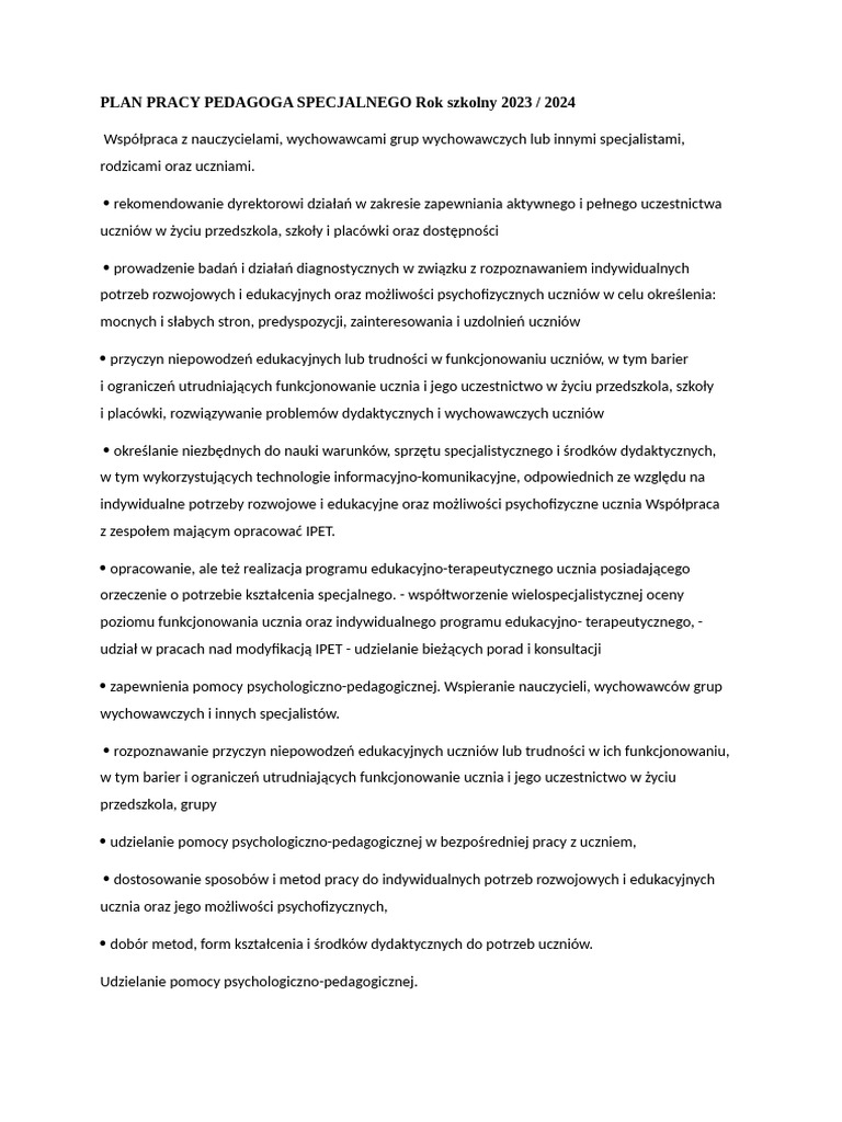 PLAN PRACY PEDAGOGA SPECJALNEGO Rok Szkolny 2023-24 | PDF