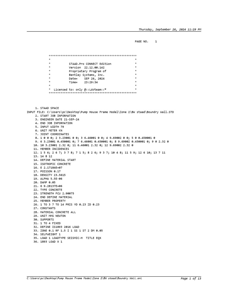 Boundry Wall Staad Output File | PDF