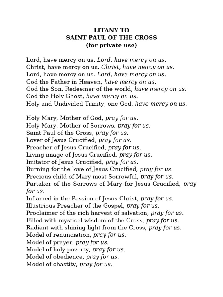 Litany to Saint Paul of the Cross (private use/devotion) | PDF