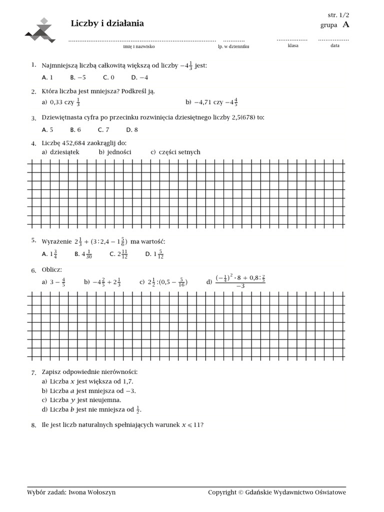 Liczby I Działania Sprawdzian KL 7 | PDF