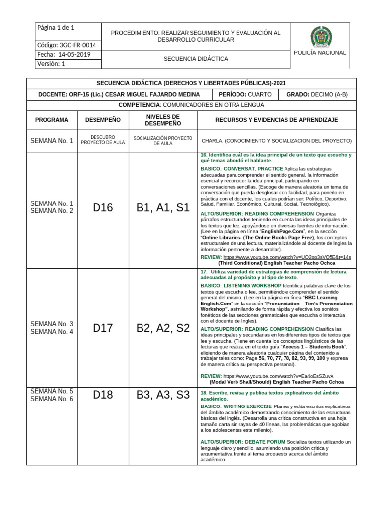 Secuencia Didactica-Cuarto Grado Decimo (A-B) - 2021 | PDF