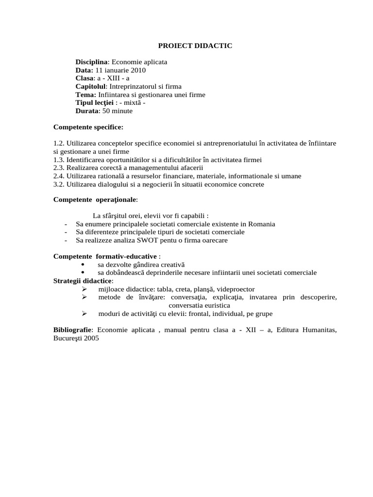PROIECT DIDACTIC | PDF