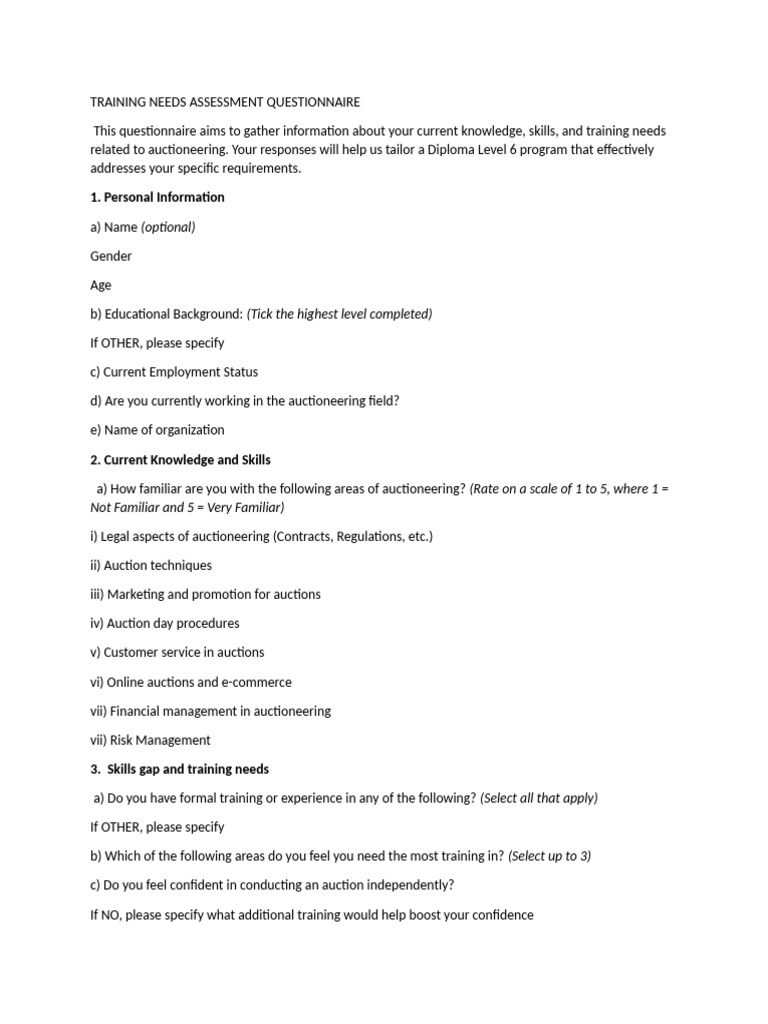 Training Needs Assessment Questionnaire | PDF