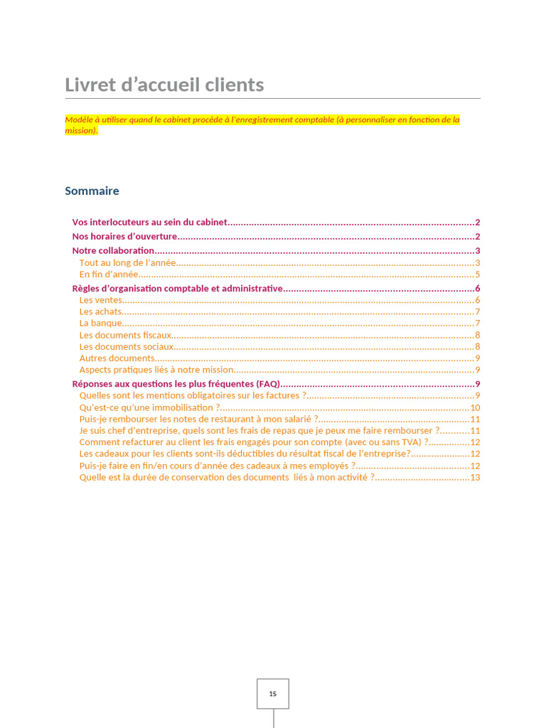 2 - 07 - Livret - Accueil - Client - Le - Cabinet - Tient - La - comptabilite-GUIDE Pour CA | PDF