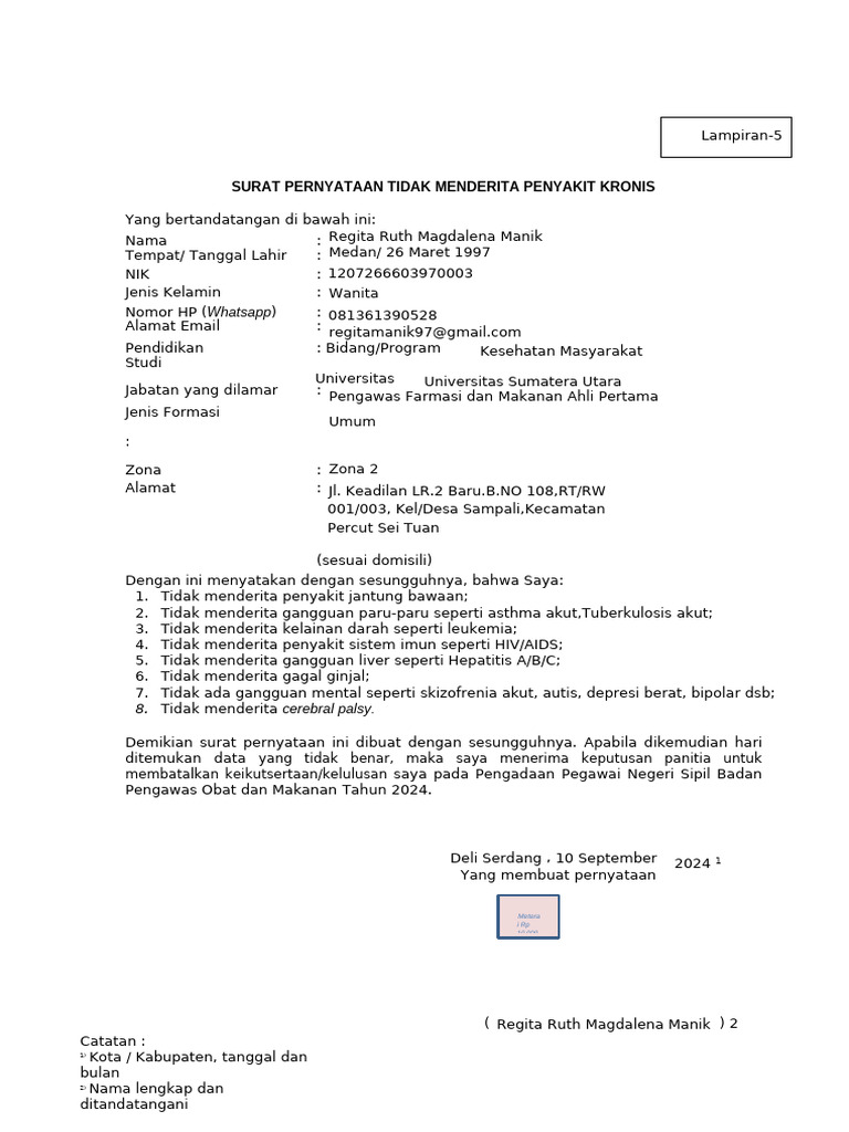 Surat TM Peny - Kronis Lampiran 5 | PDF