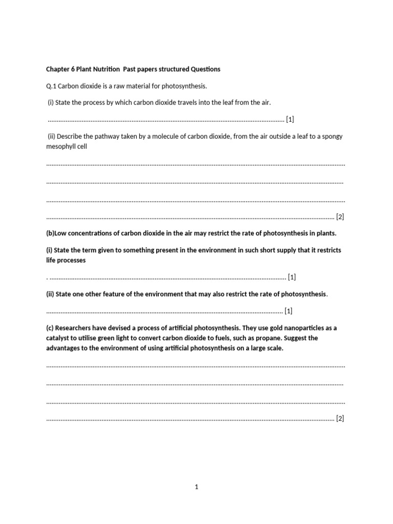 Chapter 6 Plant Nutrition IGCSE BIOLOGY THEORY SHEET | PDF