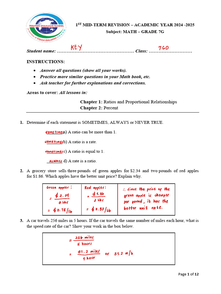 24 25 7g0 1st Midterm Revision Key | PDF