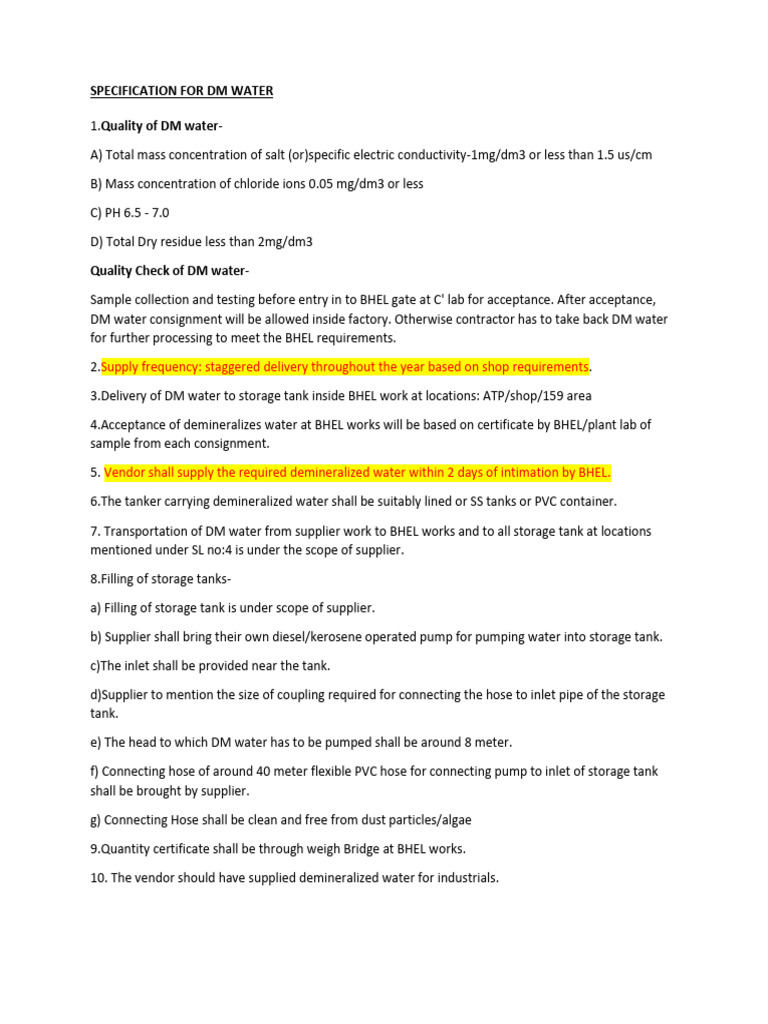 Specification For DM Water - 2021 06 18 10 38 10 | PDF