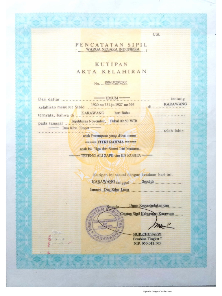 FITRI RAHMA - XII IPA 5 - AKTA KELAHIRAN - Halaman 1 | PDF