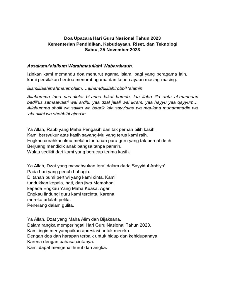Doa Upacara Hari Guru Nasional Tahun 2023 | PDF