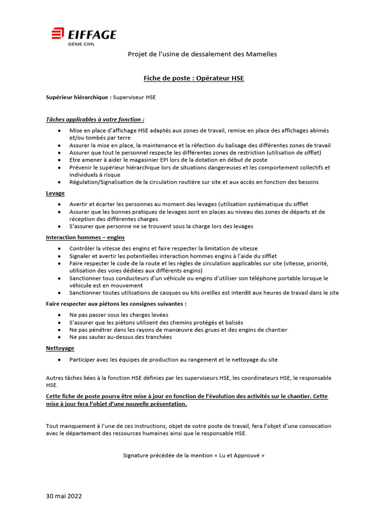 Fiche de Poste Opérateur HSE | PDF