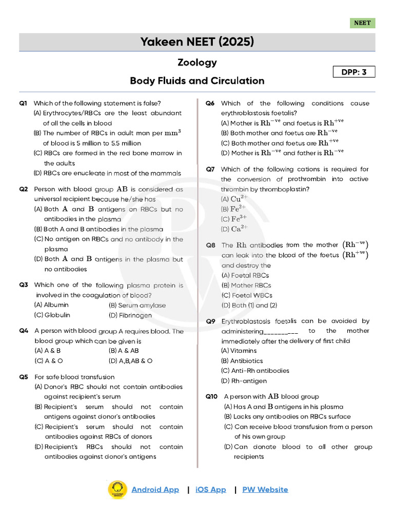 Body Fluids and Circulation DPP 03 Yakeen NEET 2025 - by | PDF
