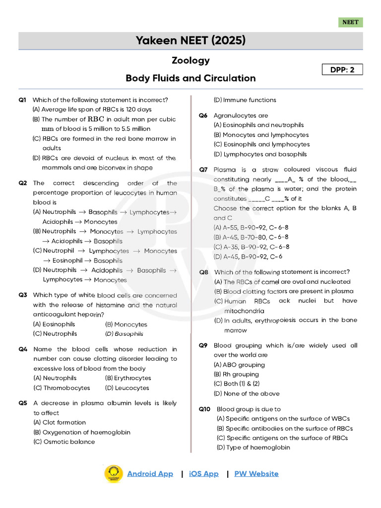 Body Fluids and Circulation DPP 02 Yakeen NEET 2025 - By | PDF