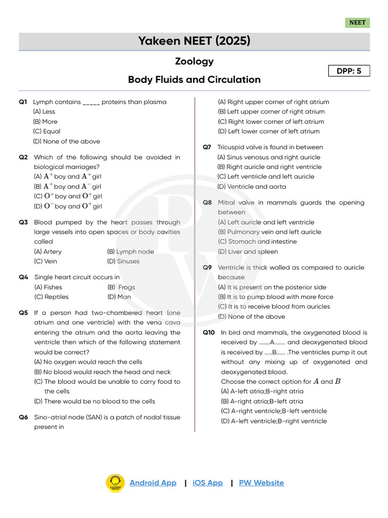 Body Fluids and Circulation DPP 05 Yakeen NEET 2025 - by | PDF