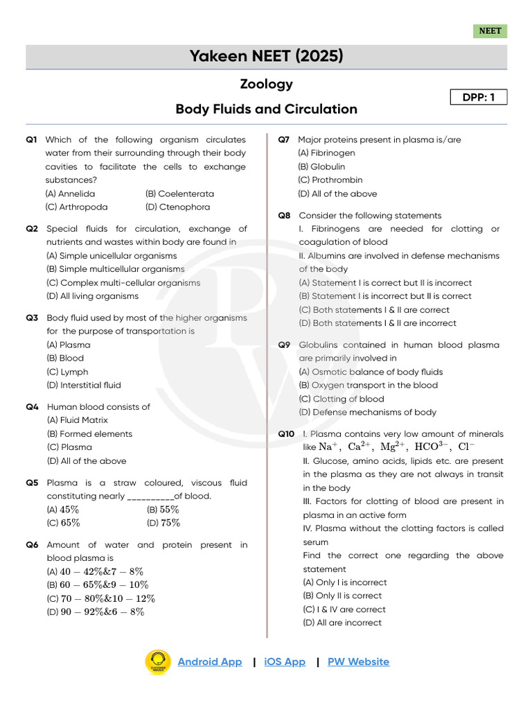 Body Fluids and Circulation DPP 01 Yakeen NEET 2025 - by | PDF