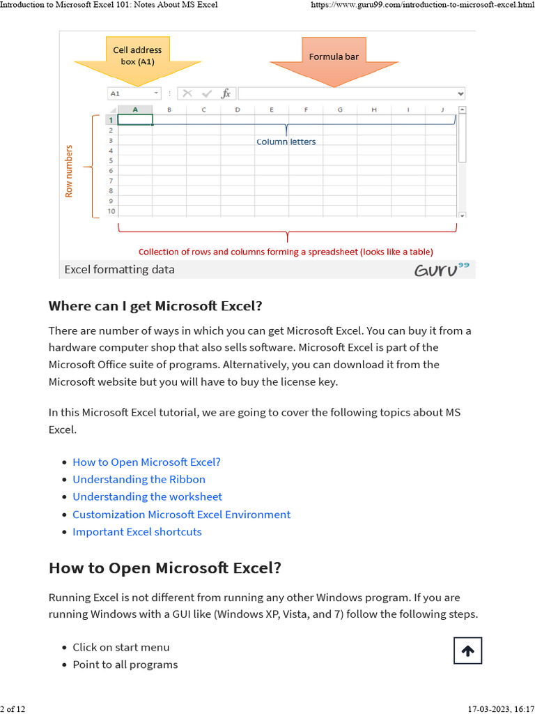 Introduction To Microsoft Excel 101 Notes About MS Excel | PDF