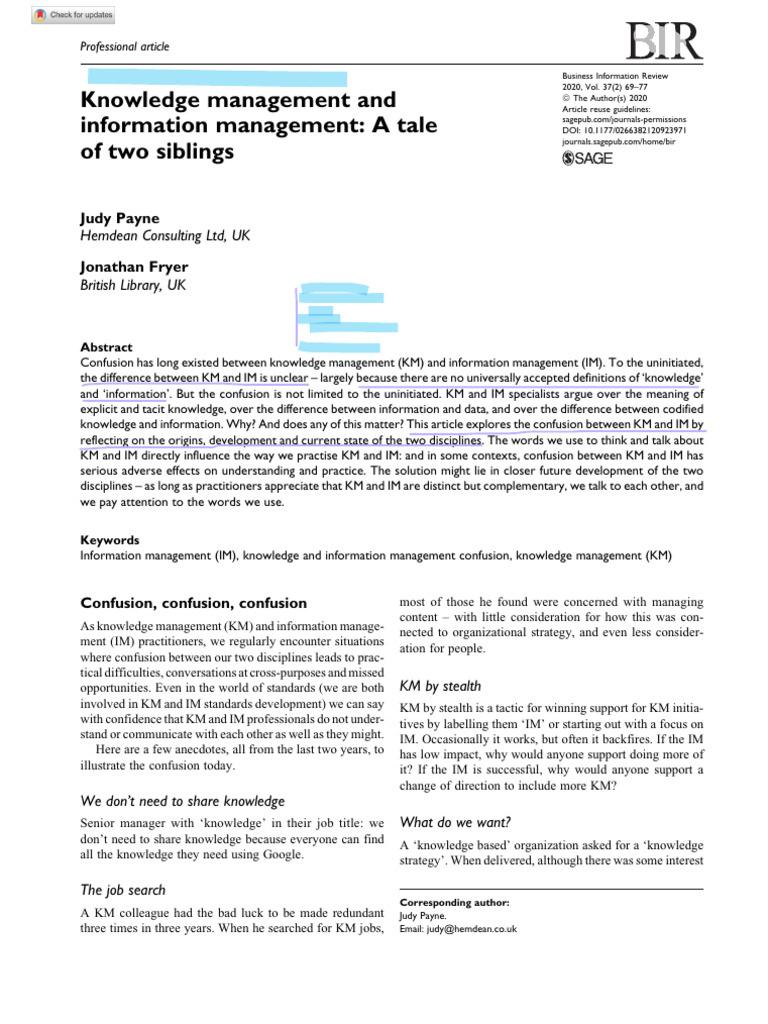 Payne Fryer 2020 Knowledge Management and Information Management A Tale of Two Siblings | PDF