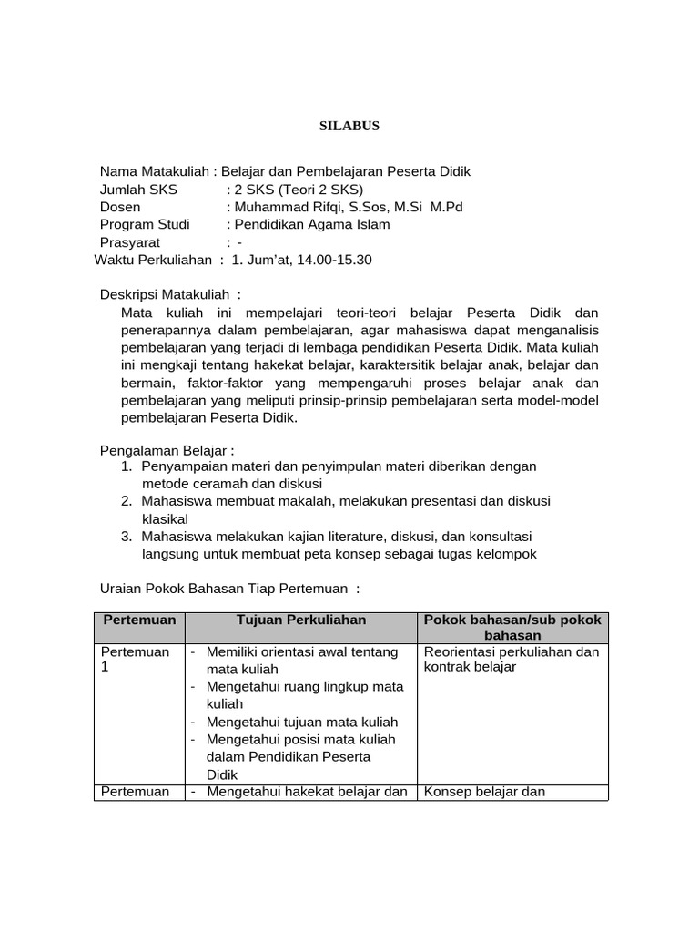 Mata Kuliah Silabus Belajar Dan Pembelajaran | PDF
