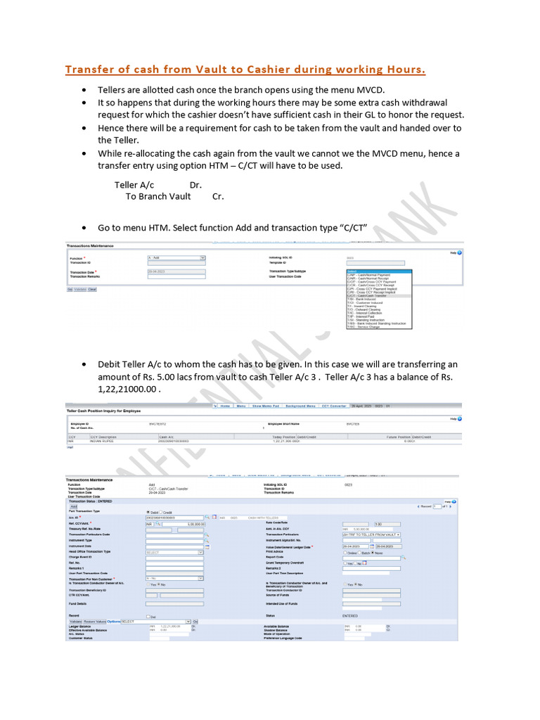 Cash Transfer - Vault To Teller (During Branch Hours) | PDF