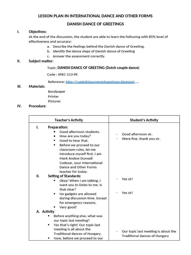 Lesson Plan in International Dance and Other Forms - 073155 - 064519 | PDF