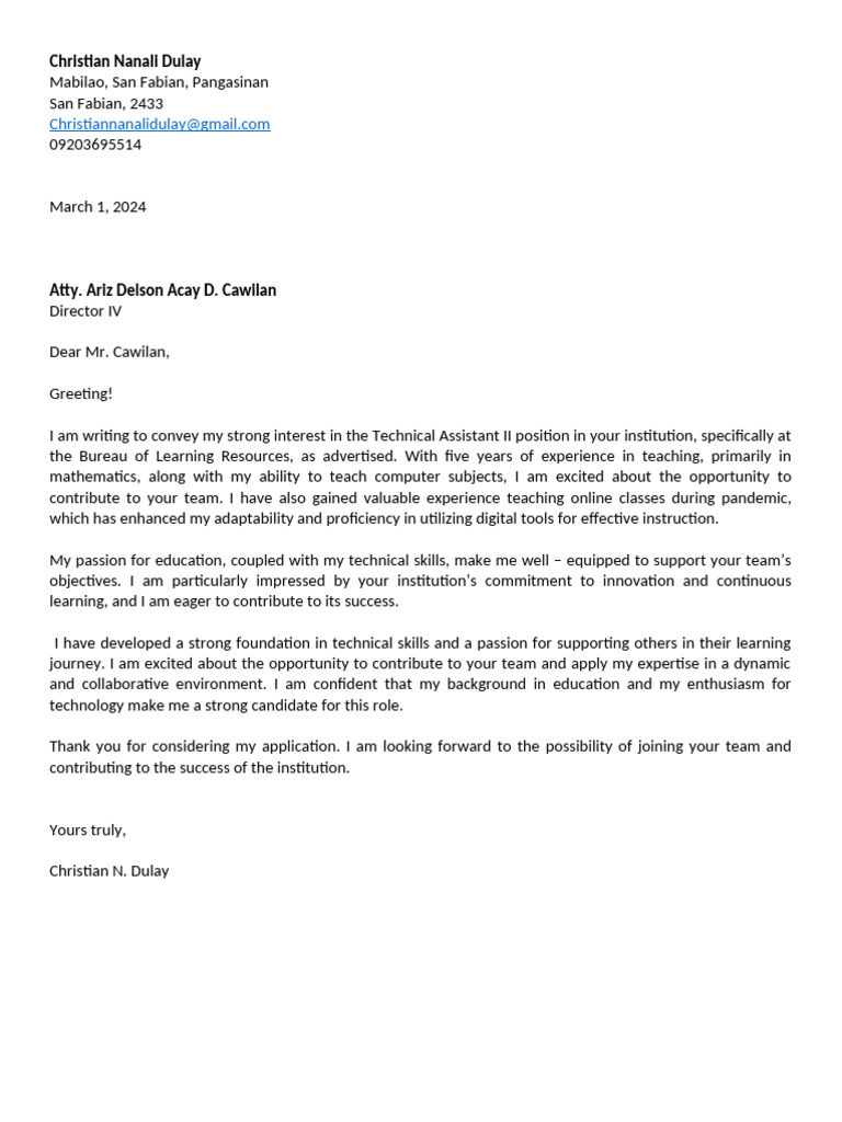 Technical Assistant Letter of Intent - Christian Dulay | PDF