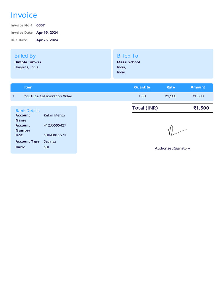 Invoice 0007 Dimple Tanwar Masai School | PDF