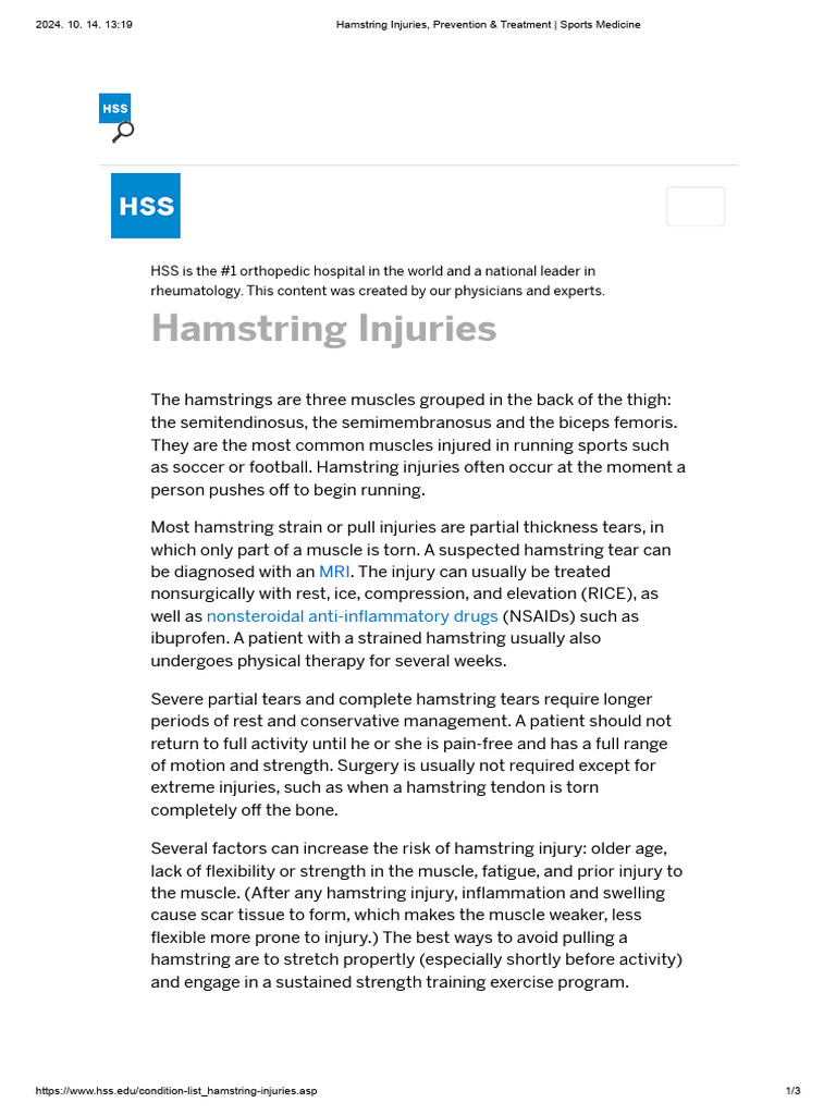 Hamstring Injuries, Prevention & Treatment - Sports Medicine | PDF