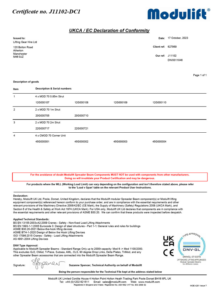 J11102 DC1 UKCA EC Declaration of Conformity (Modulift UK) 1 | PDF